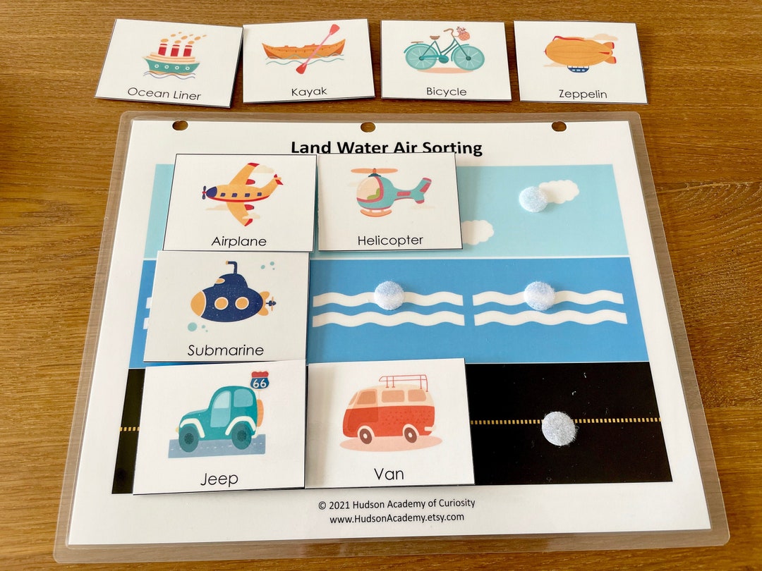Toddler Busy Book Page, Land Water Air Sorting, Things That Go Learning ...