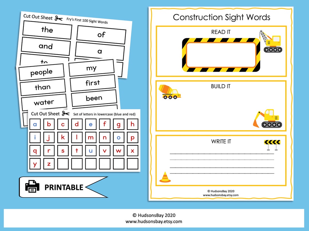 Sight Words Builder, Spelling Printable, Construction Vehicles, Fry's ...
