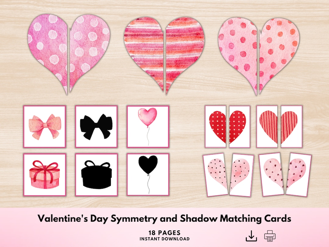 Valentine's Day Hearts Symmetry Cards, Valentine's Day Shadow Matching ...