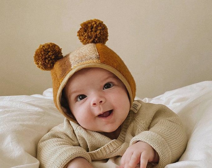 Vintage Wool Baby Pom Pom Bonnet, Upcycled Wool Bonnets, Baby Wool ...
