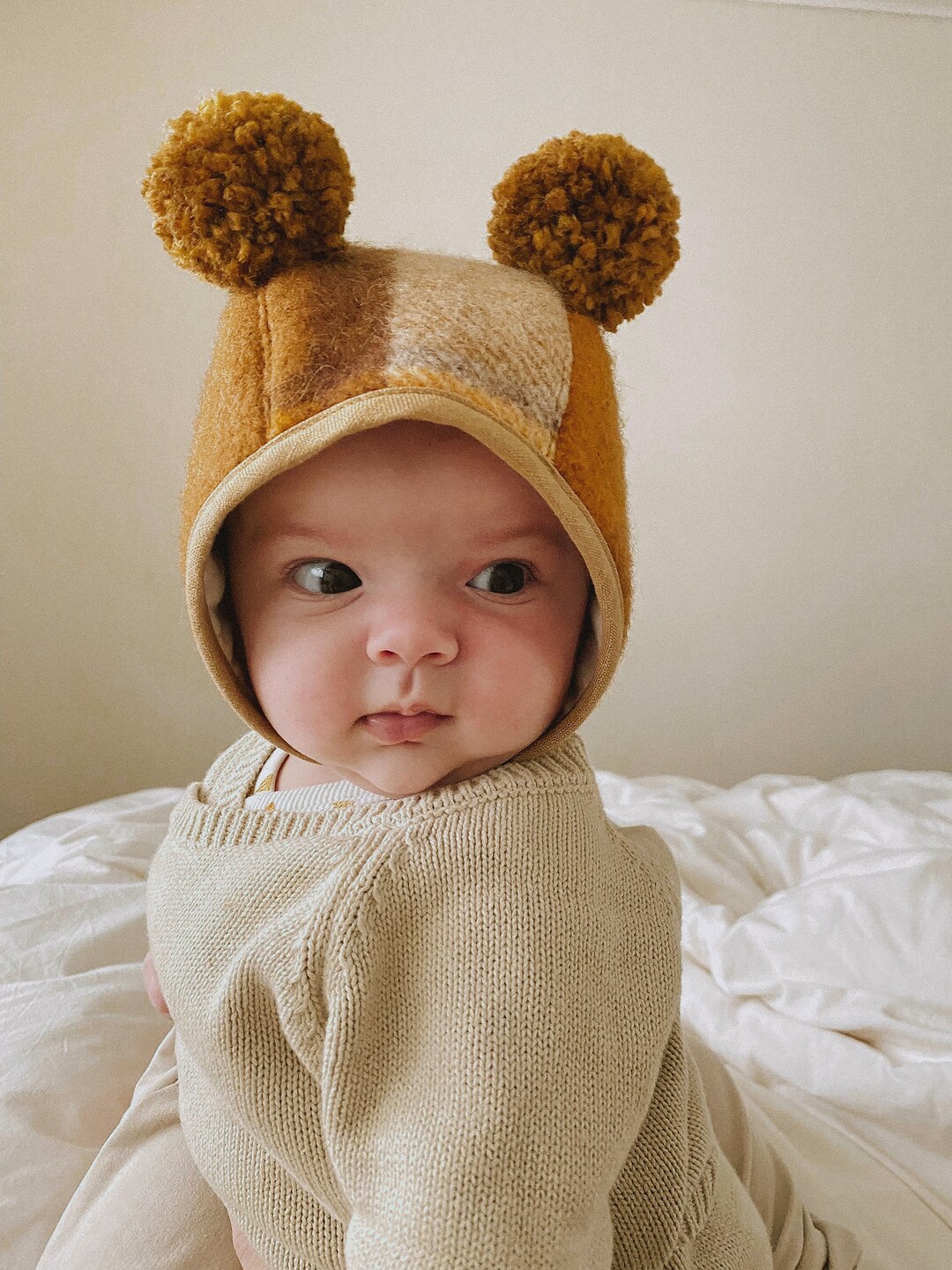 Vintage Upcycled Wool Baby Bonnet: Double Pom Pom, Linen Lined - Etsy