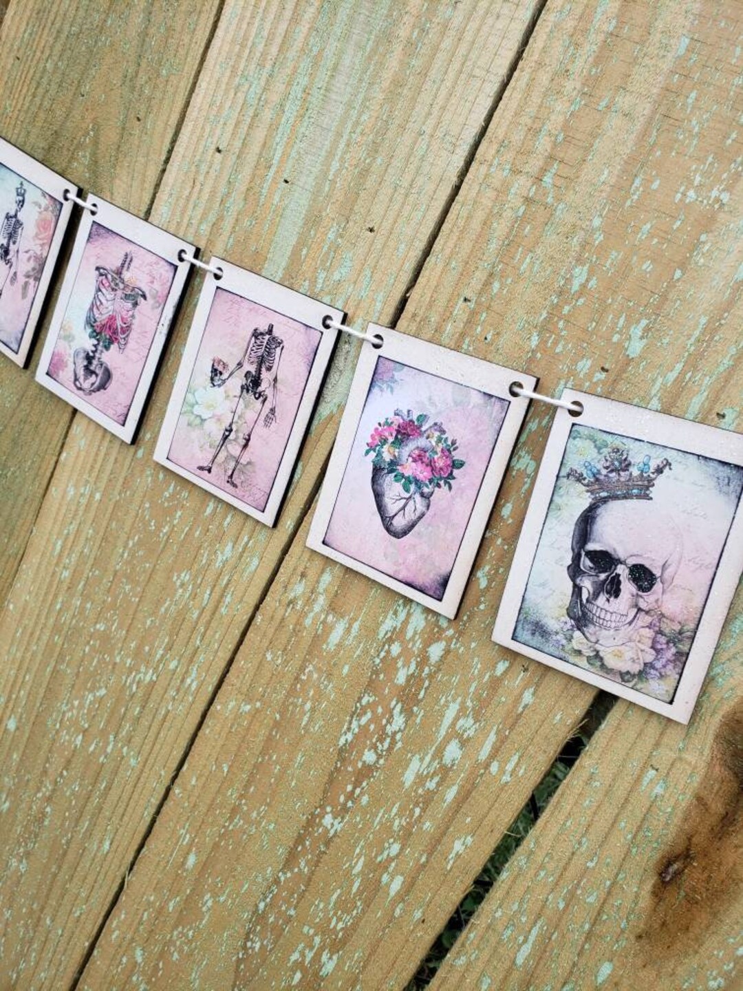 Wooden Halloween Banner, Spooky Decor, Shabby Chic Skelton Banner ...