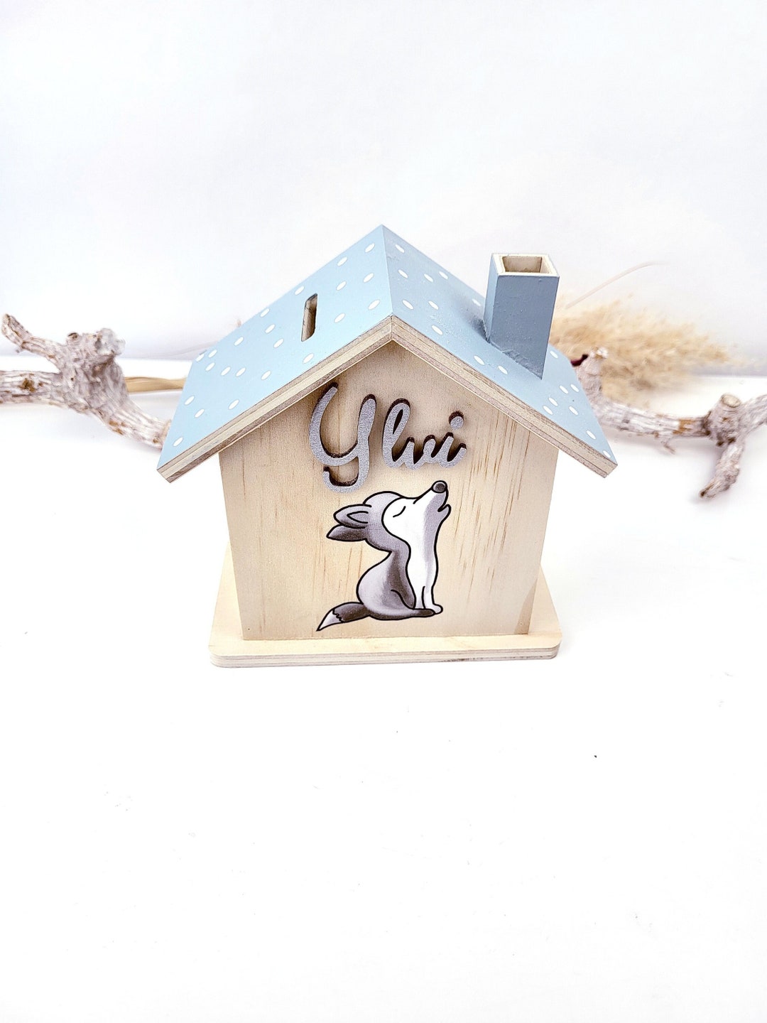 Cute Money Box With a Little Wolf Made of Wood, Money Box for Children ...