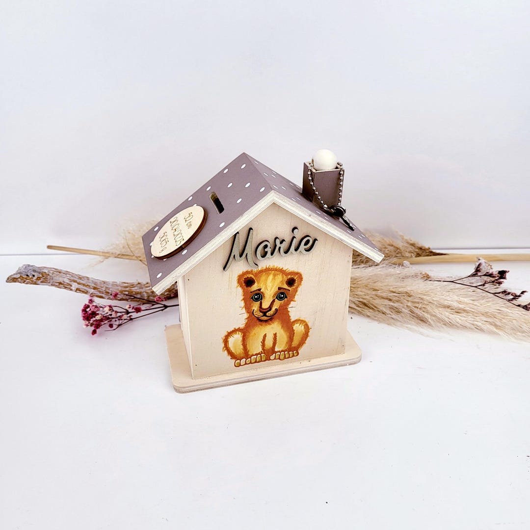 Personalized Lion Cub Money Box, Wooden Money Box, Money Box With Name ...