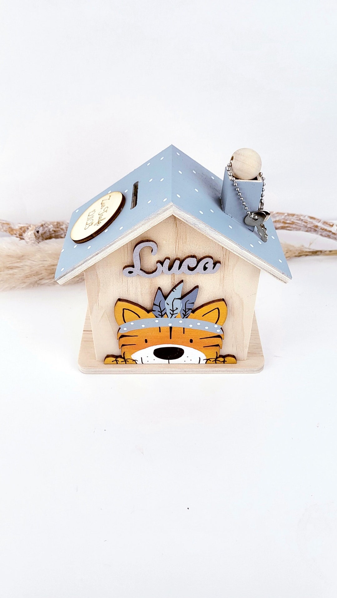 Personalized Wooden Tiger Money Box for Children, Money Box With Name ...