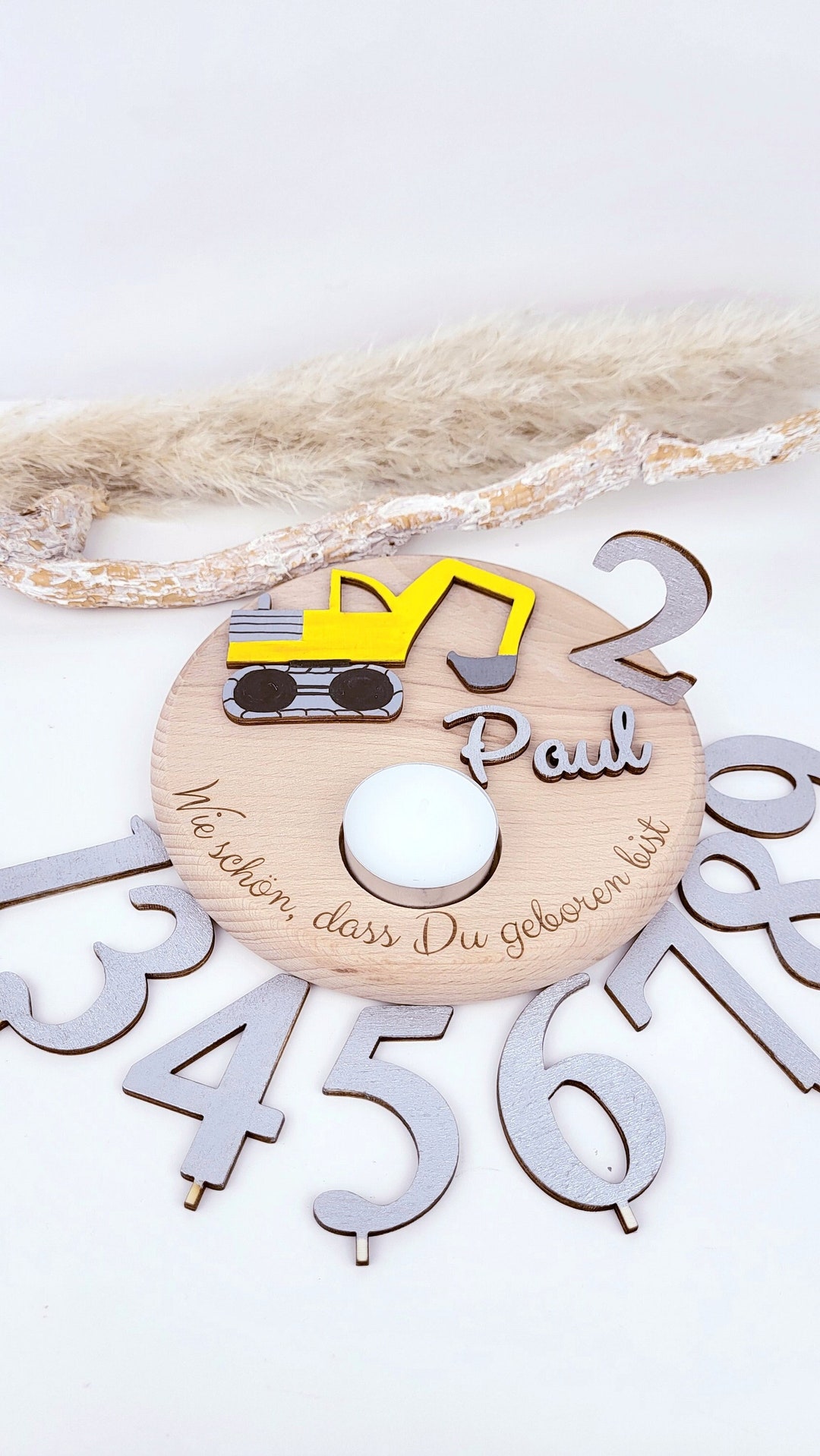 Birthday Plate With a Great Wooden Excavator, Wooden Plate With Name ...