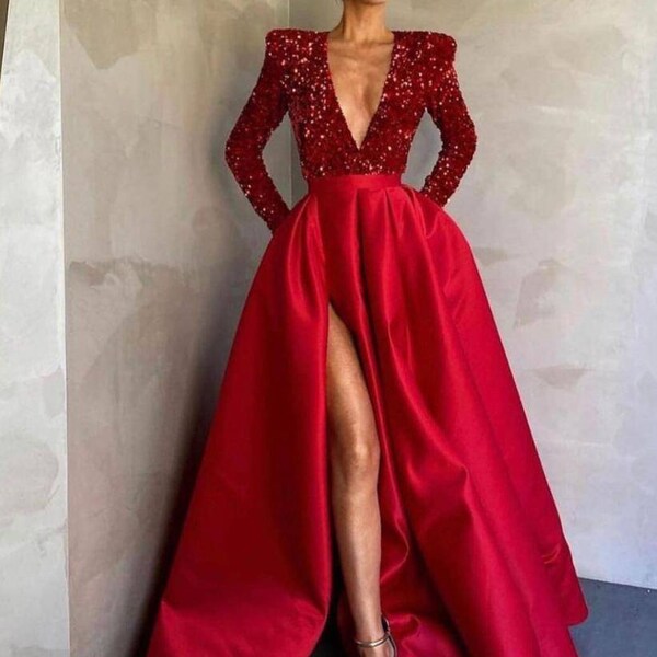 Red Sequin Slit Dress - Etsy