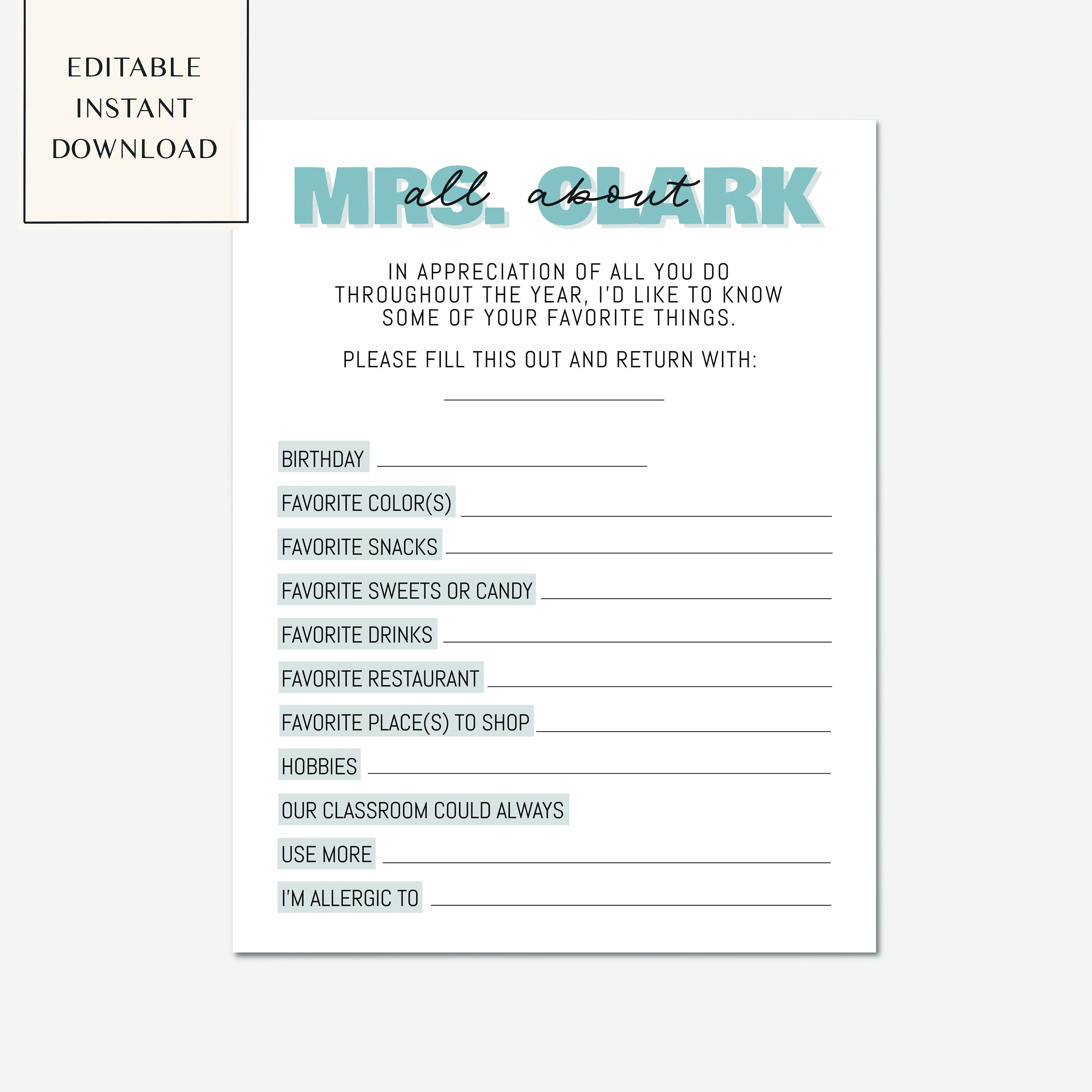 Back to School Teacher EDITABLE Teacher Gift Questionnaire Digital ...