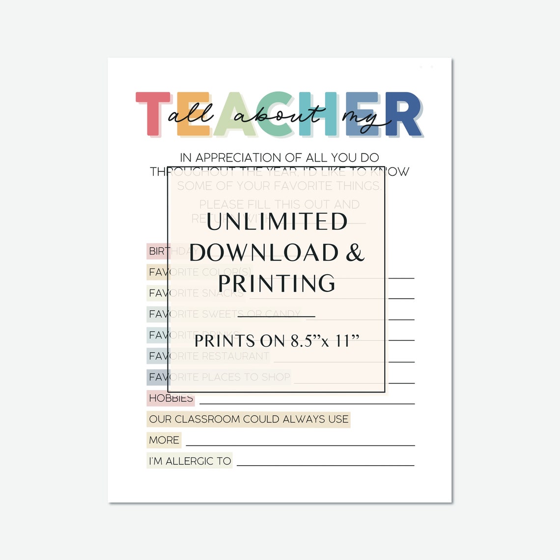 Teacher Gift Questionnaire Back to School Teacher Printable Instant ...