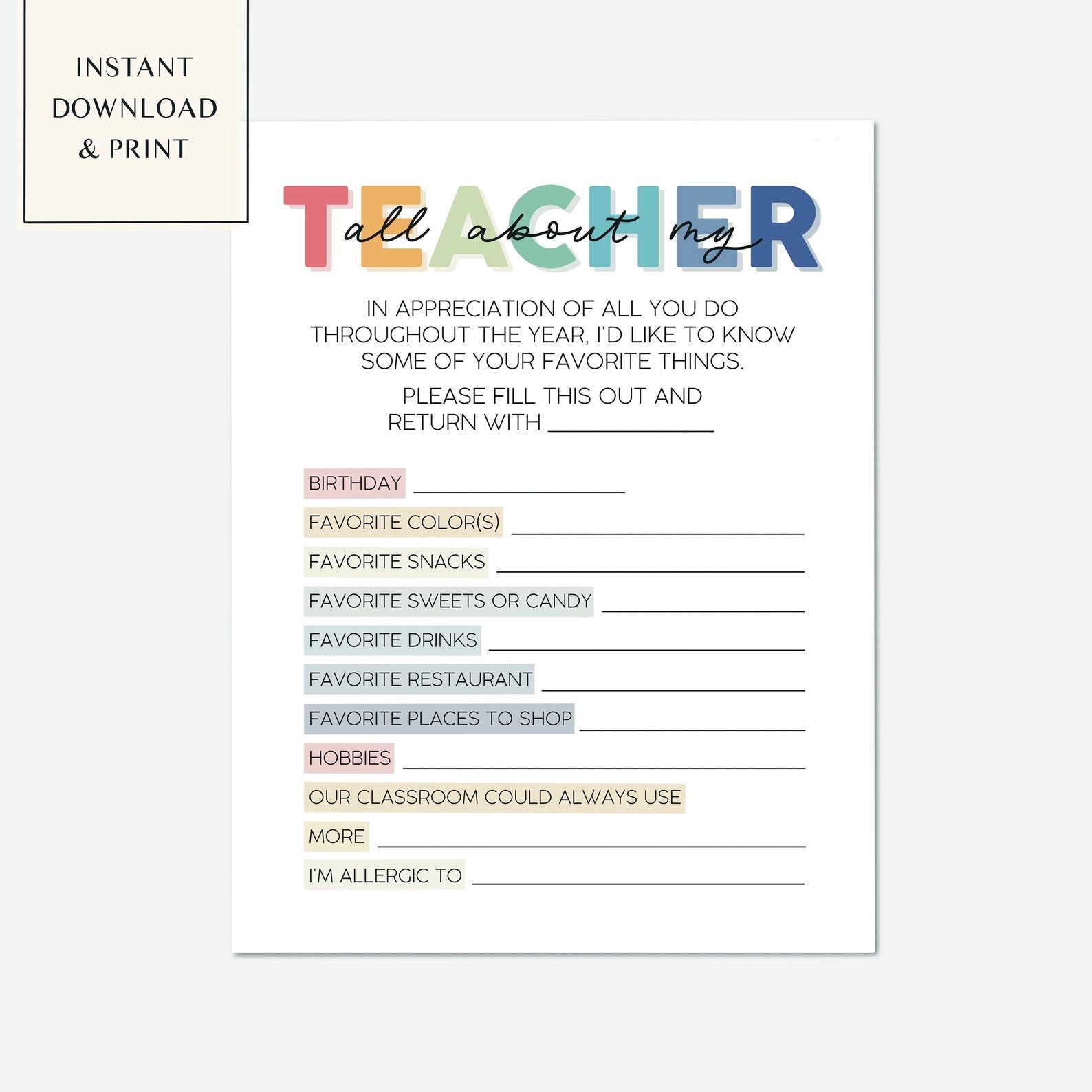 Teacher Gift Questionnaire Back to School Teacher Printable Instant ...