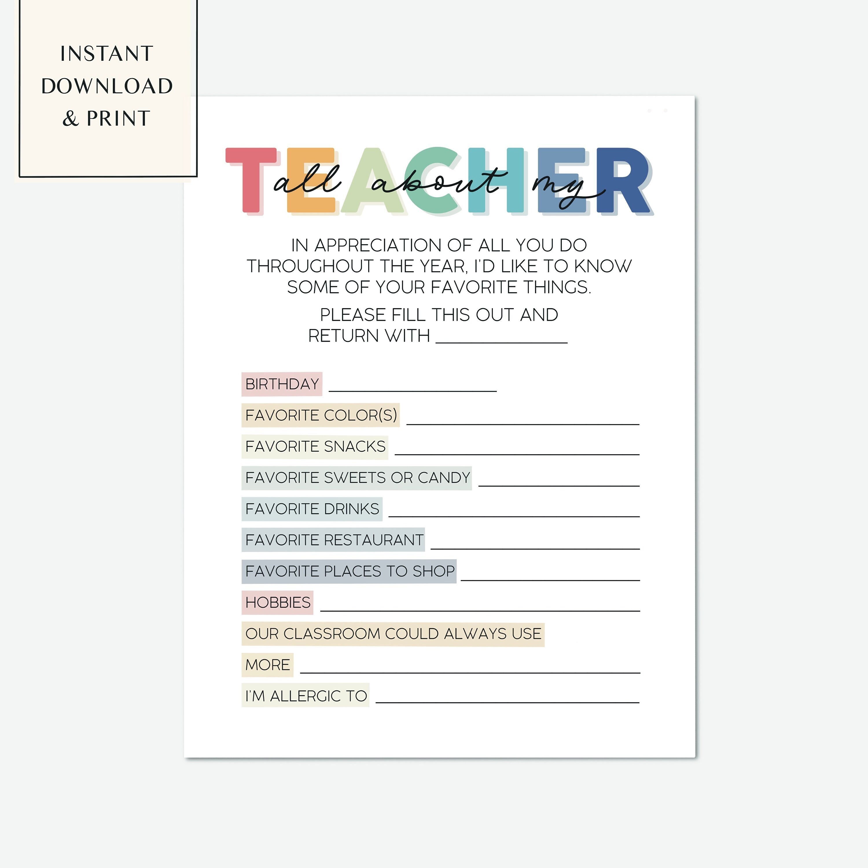 Teacher Gift Questionnaire Back to School Teacher Printable Instant ...