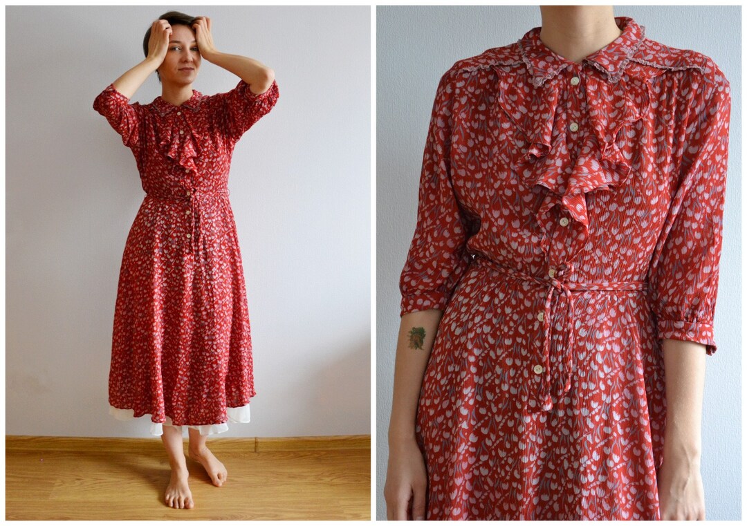 Vintage Red Dress Women, Floral Dress, Romantic Floral Dress Size XS - Etsy