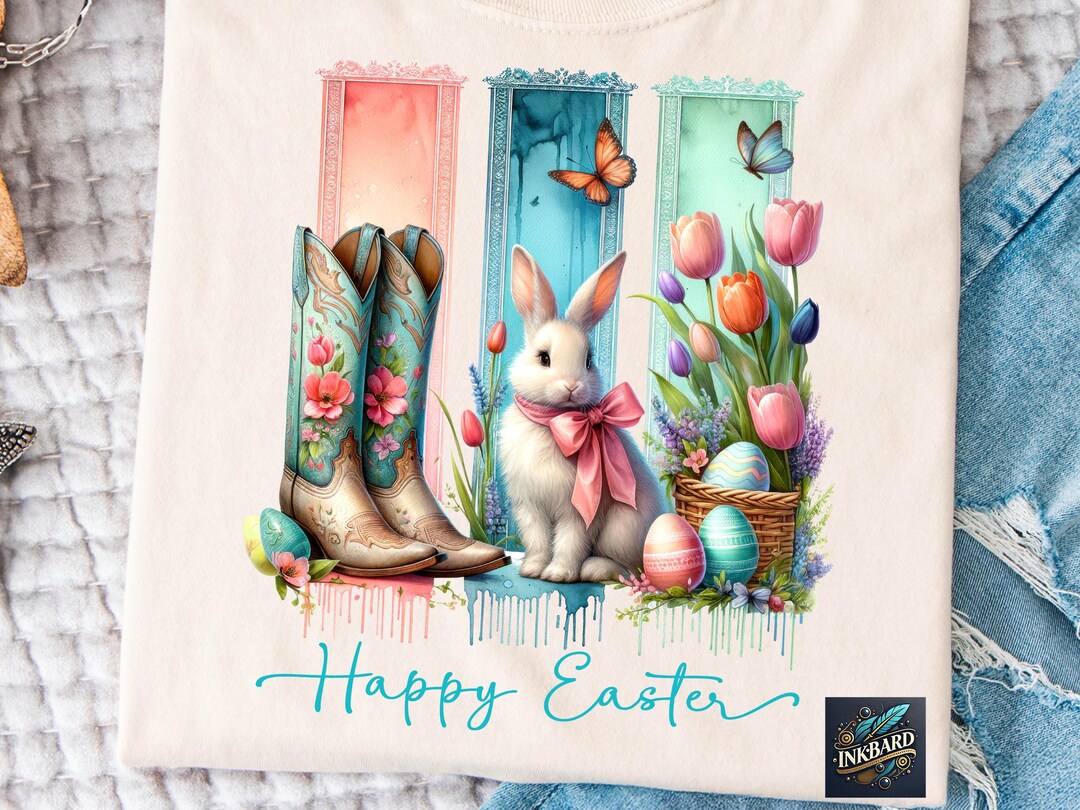 Happy Easter Bunny Cowboy Boots Watercolor Coquette Floral Spring Eggs ...