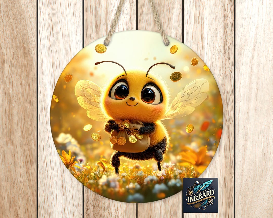 Cute Bumblebee With Golden Coins Sublimation Round Ornament Sign Door ...