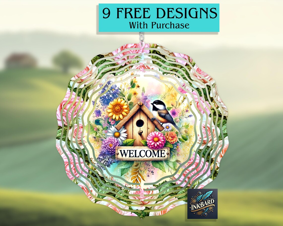 Birdhouse Welcome Sign Floral Bird Garden Wind Spinner Sublimation ...