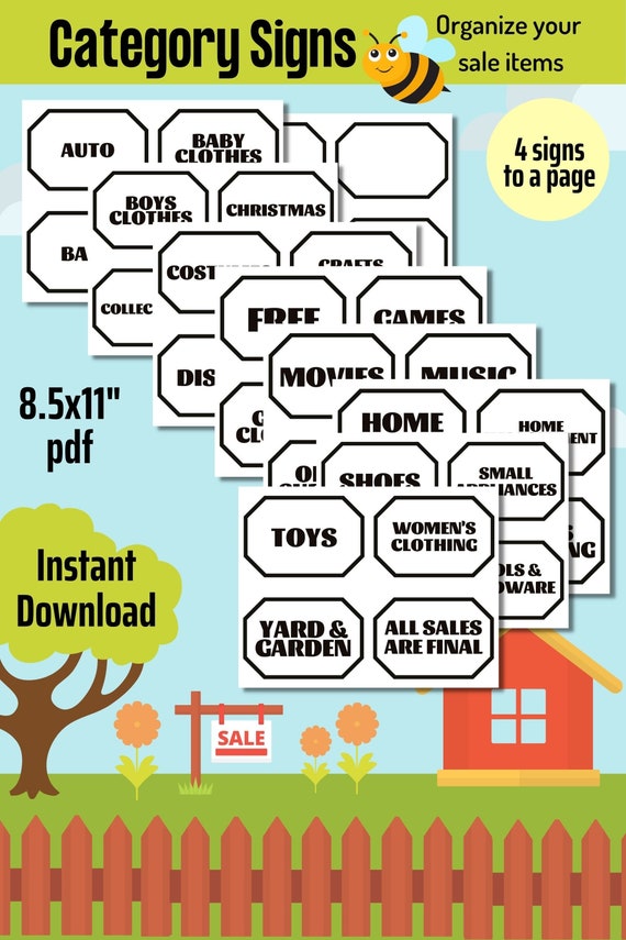 Printable Category Signs to Help You Organize Your Yard Sale - Etsy