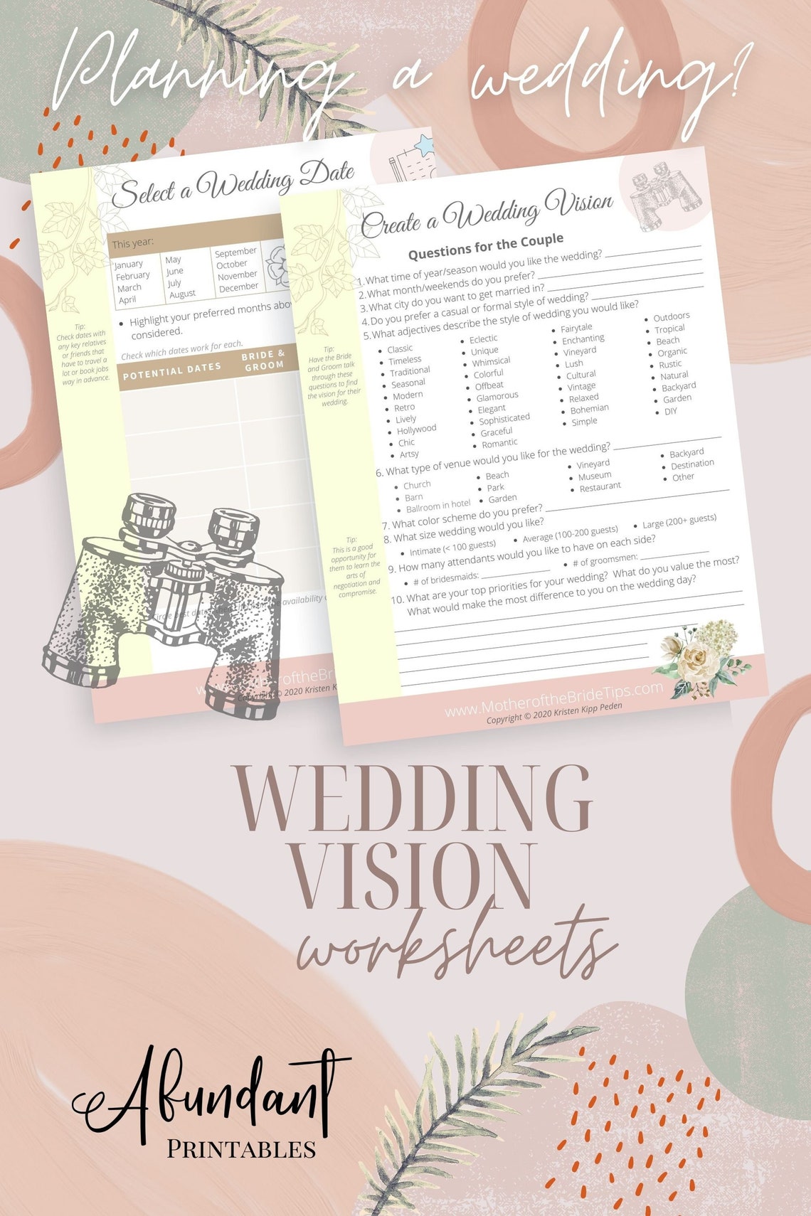 Wedding Vision Worksheets / Checklists Printable Download Pdf File to ...