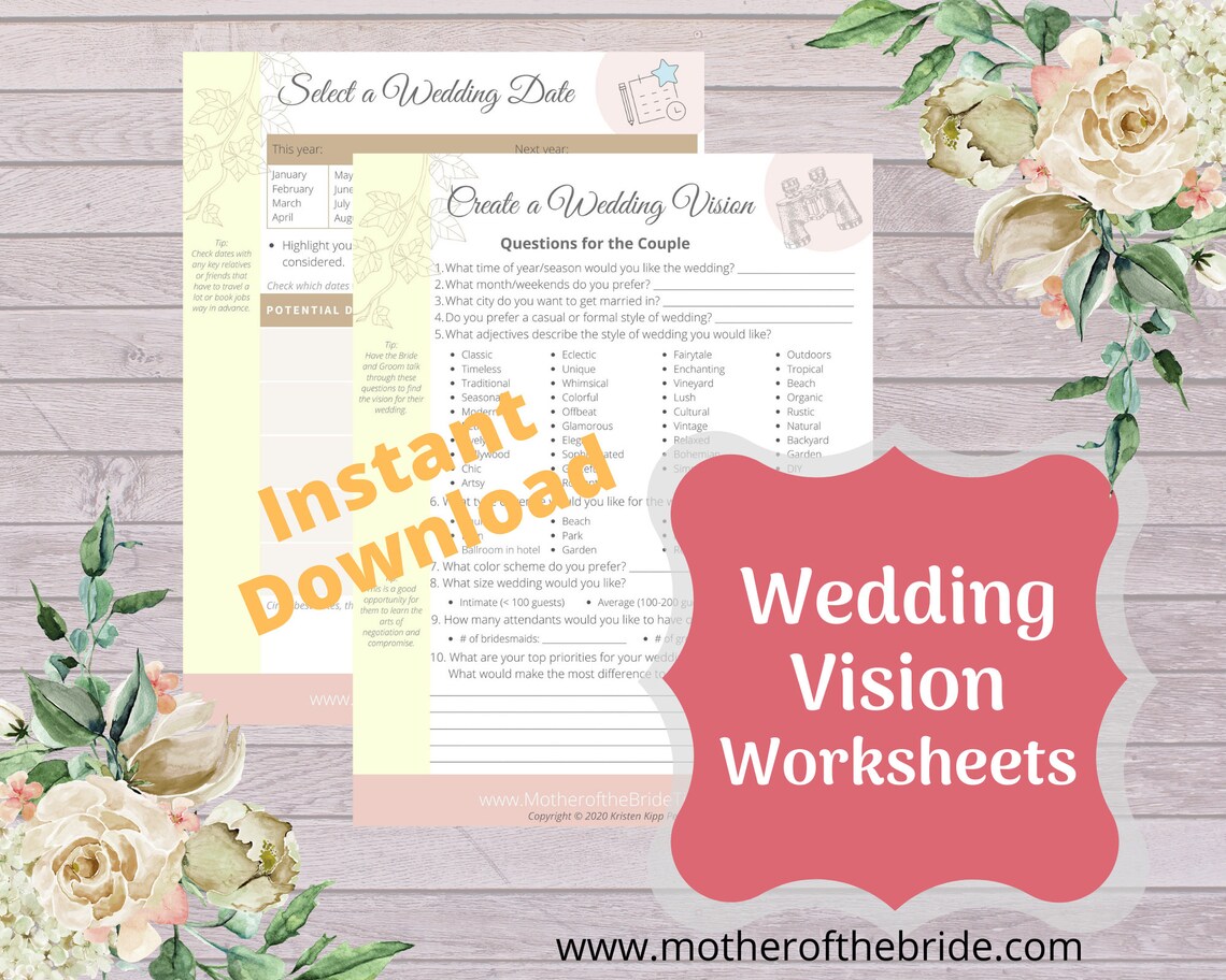 Wedding Vision Worksheets / Checklists Printable Download Pdf File to ...