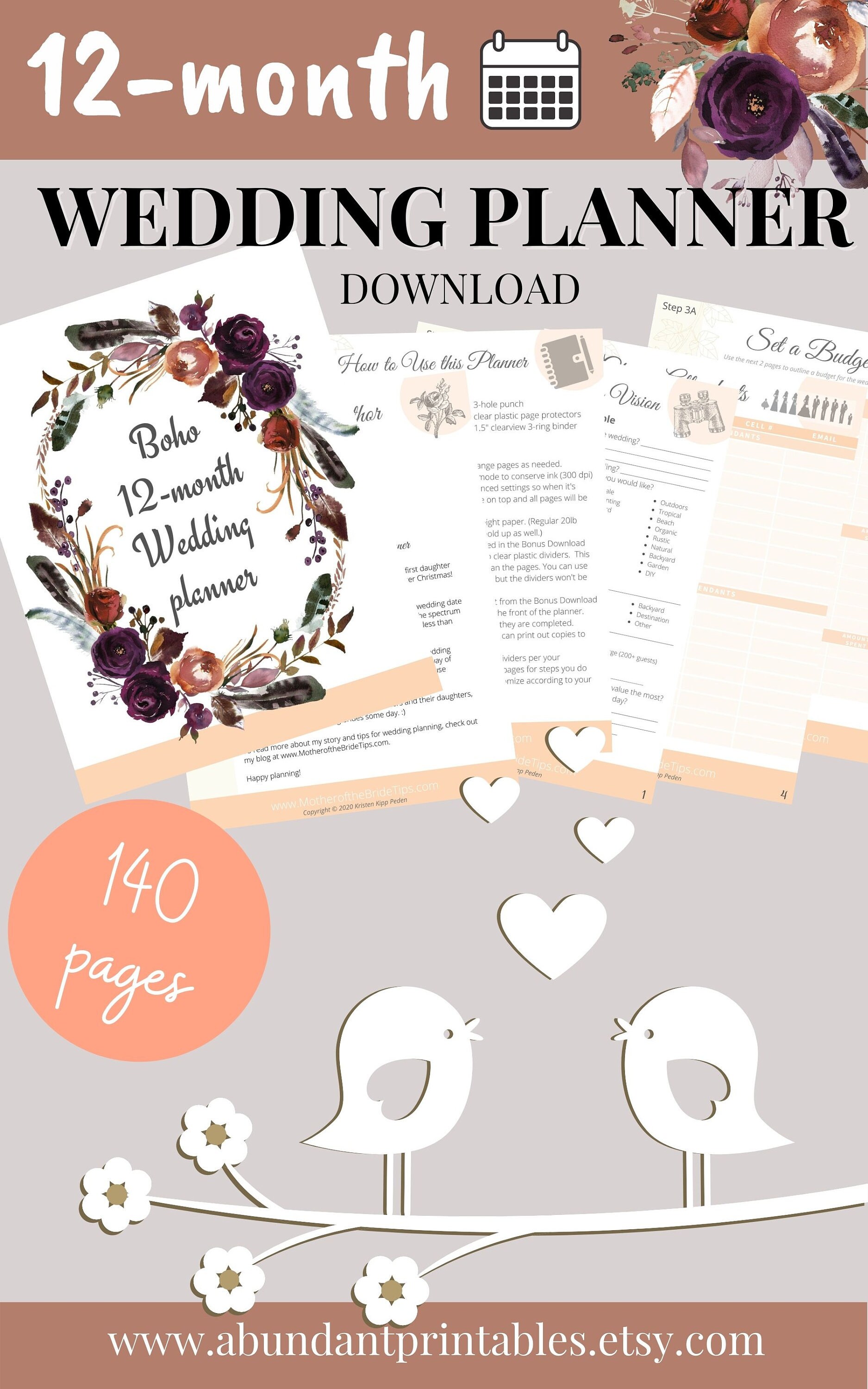 12-Month Printable Wedding Planner Vintage theme 66 step PDF Download ...