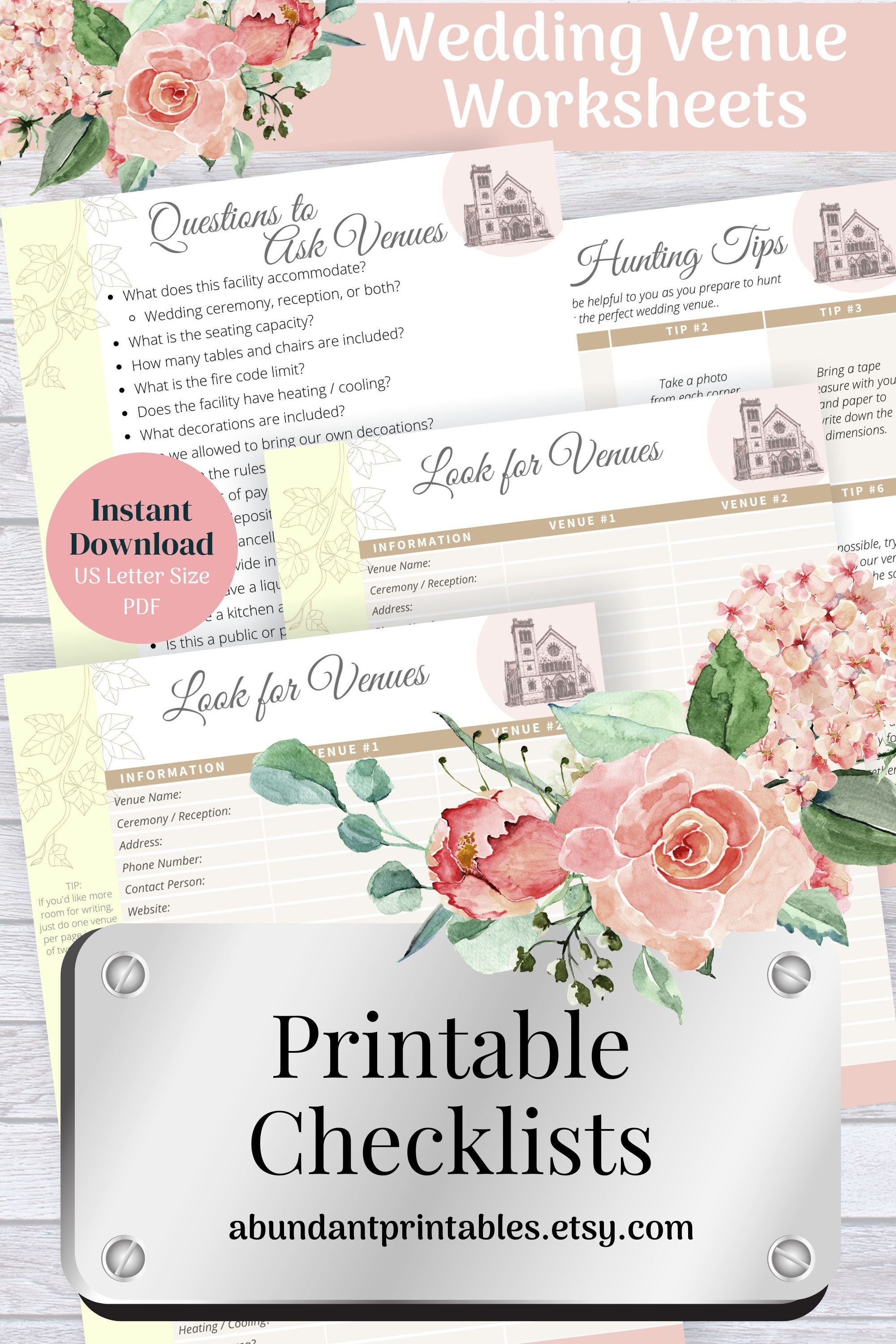 Wedding Venue Checklist, Venue Comparison Worksheets, Venue Checklist ...