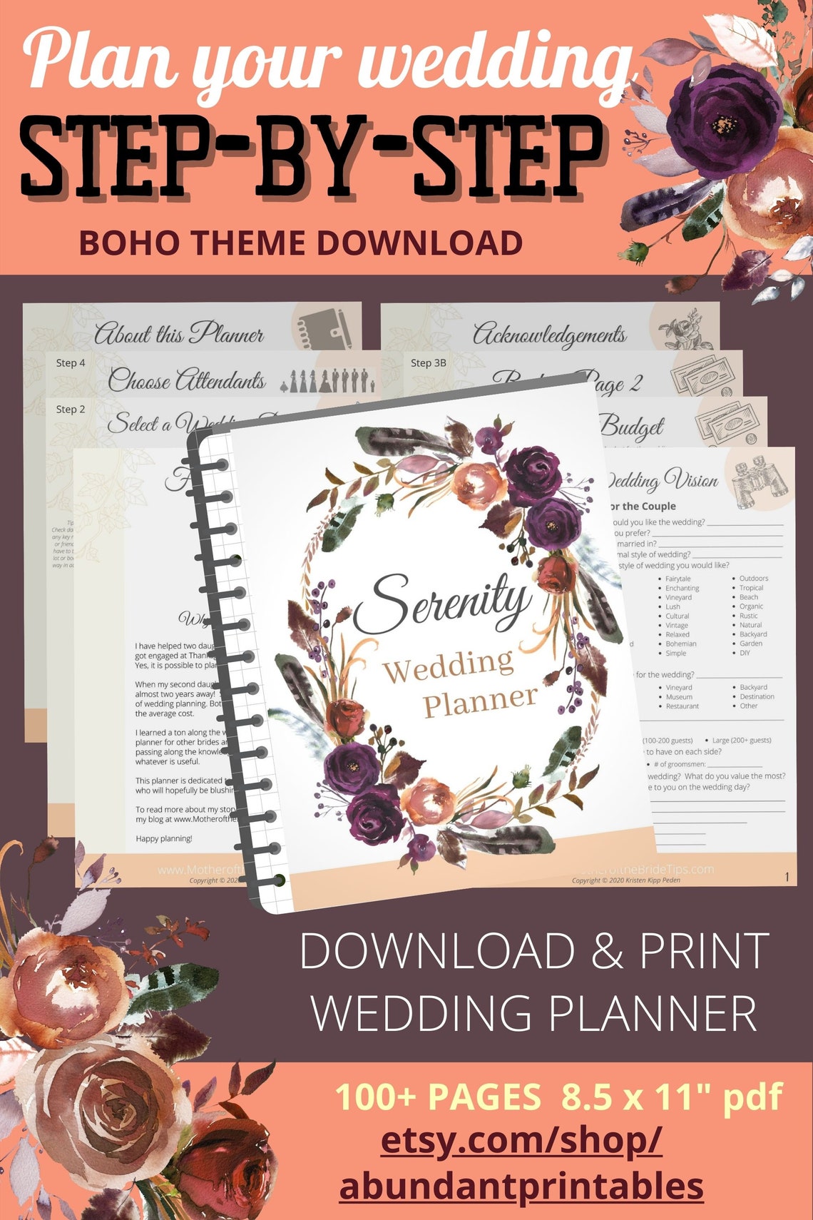 Step-by-step Printable Wedding Planner PDF Download Boho - Etsy