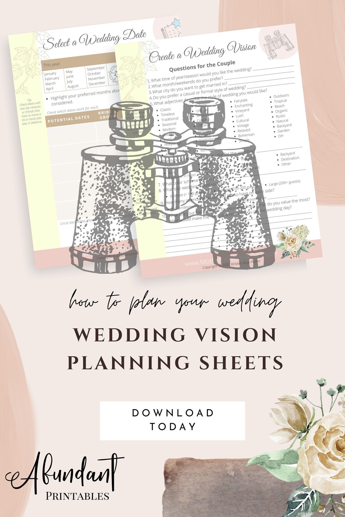 Wedding Vision Worksheets / Checklists Printable Download Pdf File to ...