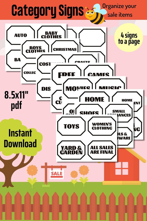 Printable Category Signs to Help You Organize Your Yard Sale - Etsy