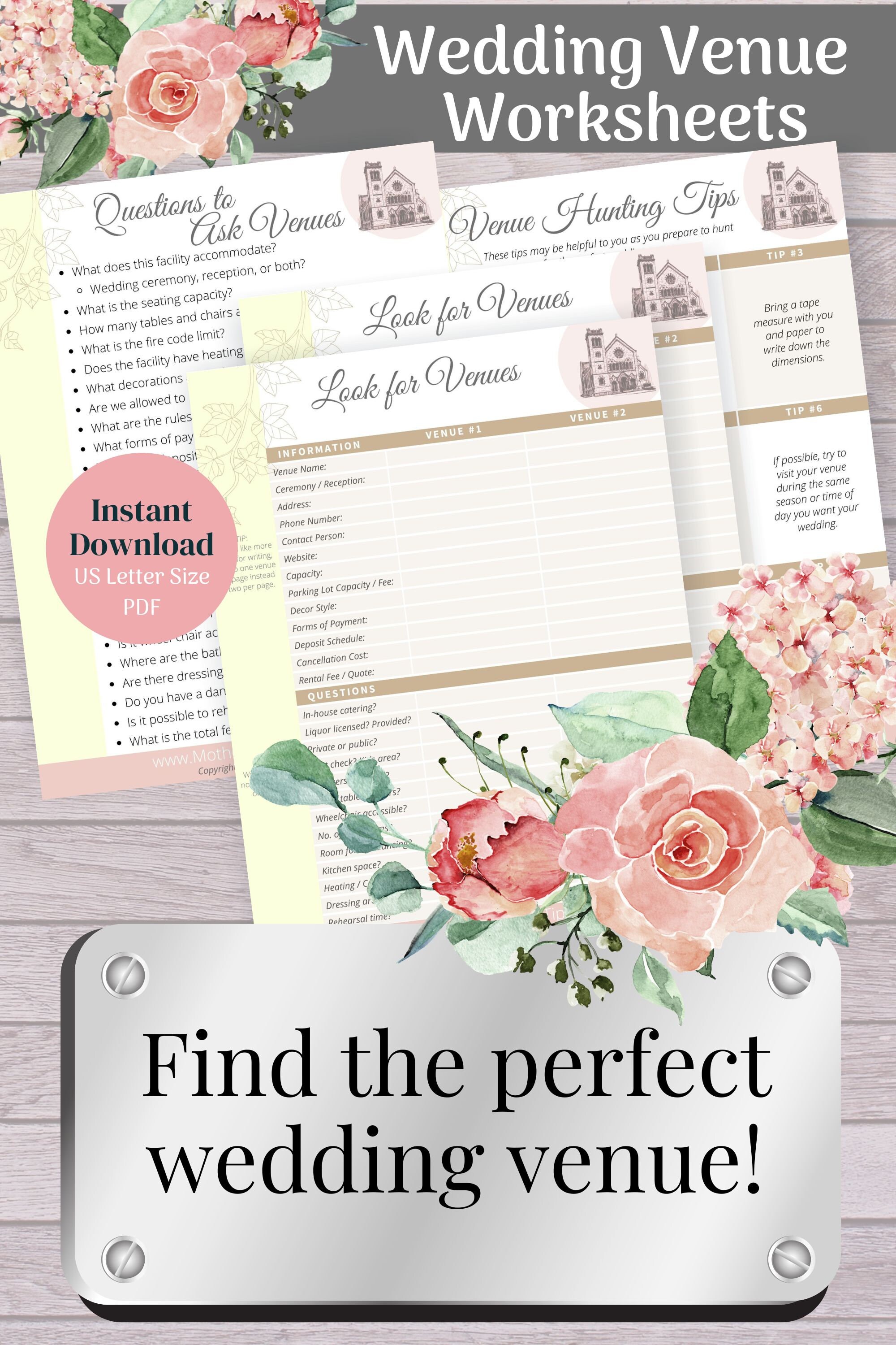 Wedding Venue Checklist, Venue Comparison Worksheets, Venue Checklist ...