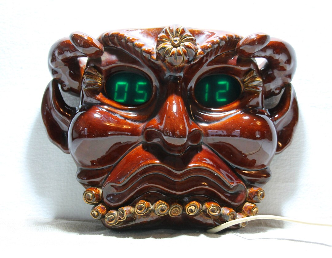 Vintage Electronic Wall Clock Demon. Ceramic Monster Head With Horns ...