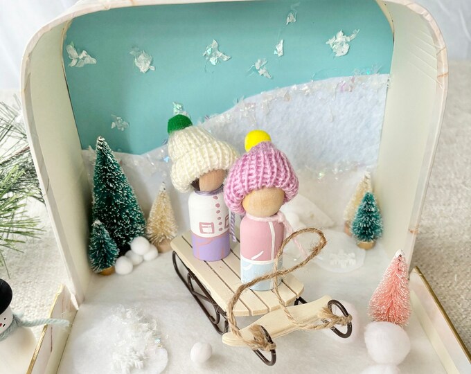 Snow Day Peg Doll Play Set in A Suitcase, Gift for Girls, Peg People ...