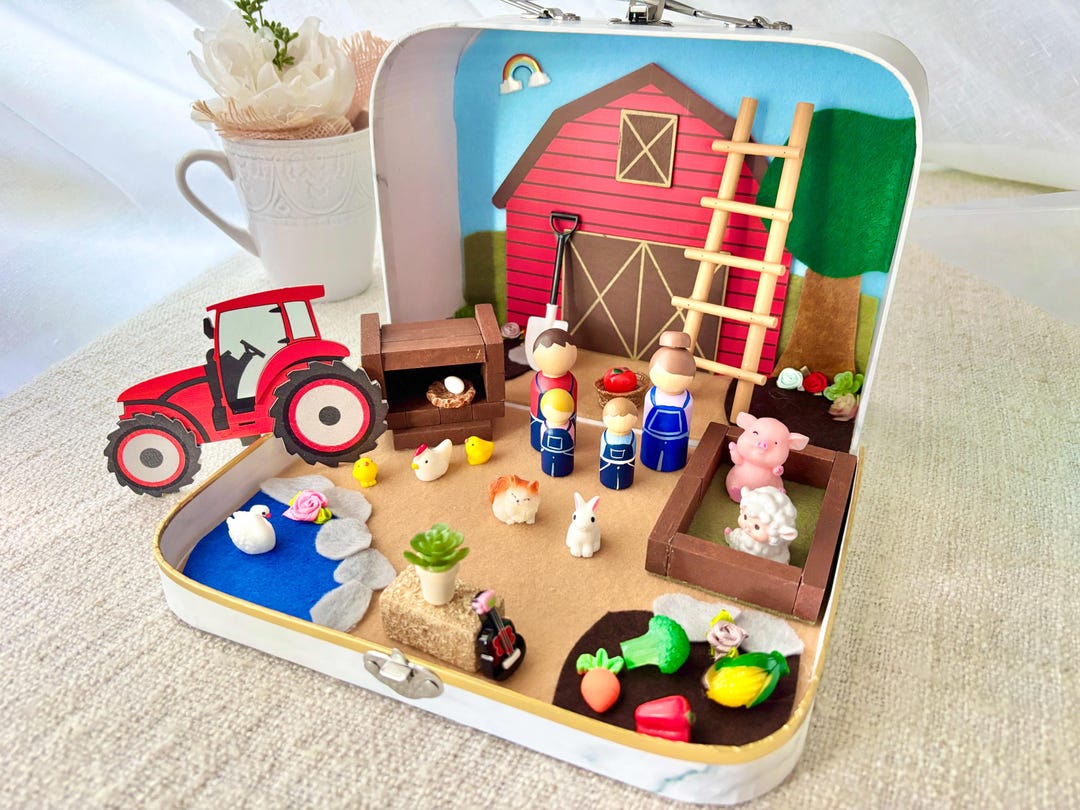 Peg Doll Farm Playset in Suitcase, Travel Toy for Kids, Farm Animals ...