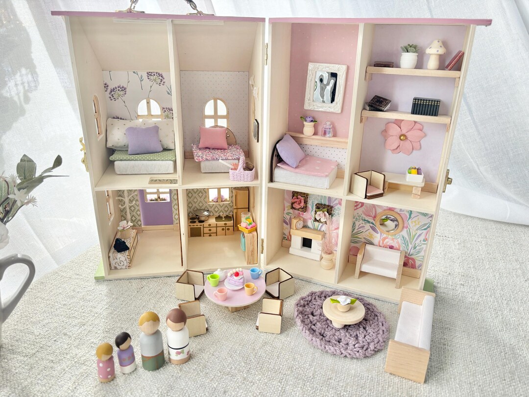 Folding Wooden Peg Dollhouse Complete With Peg Doll Family and ...