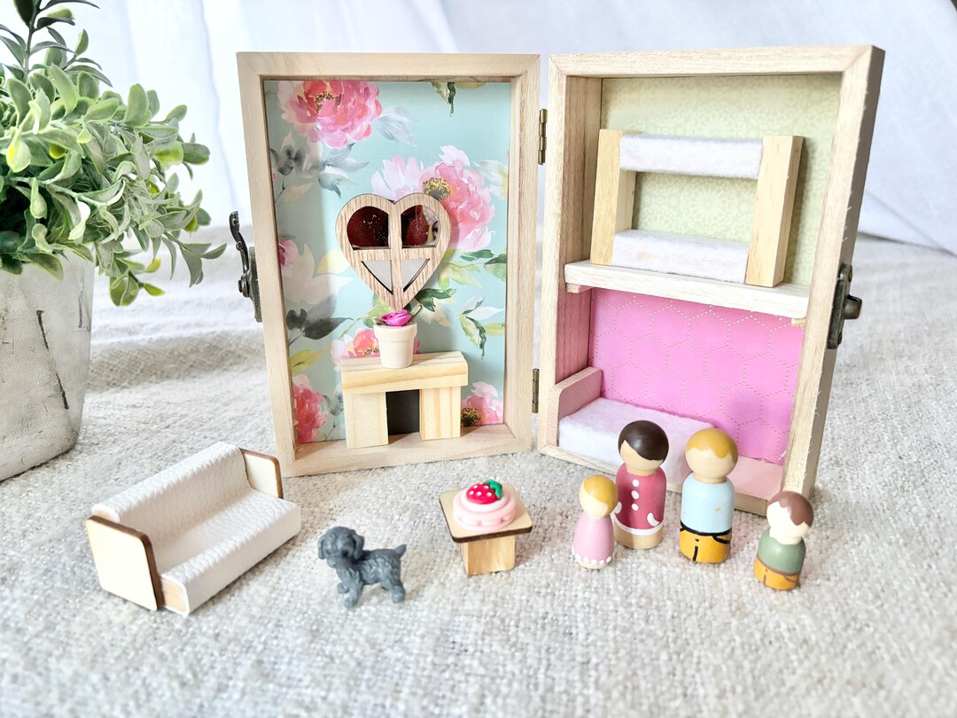 Mini Peg Doll Family and House in a Box, Travel Size Dollhouse, Gift ...