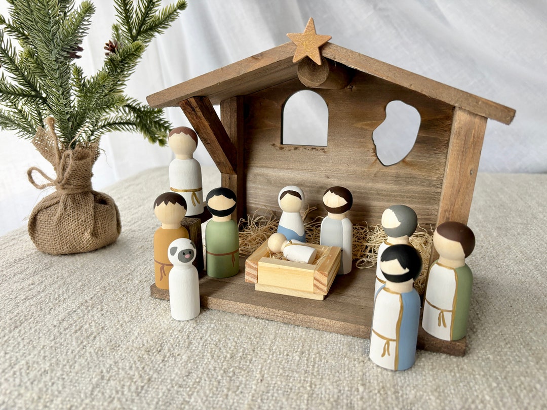 Rustic Peg Doll Nativity, 12 Piece Set, Peg People Set, Kid Friendly ...