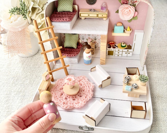 Peg Dollhouse With Loft in A Suitcase, Suitcase Dollhouse, Portable ...