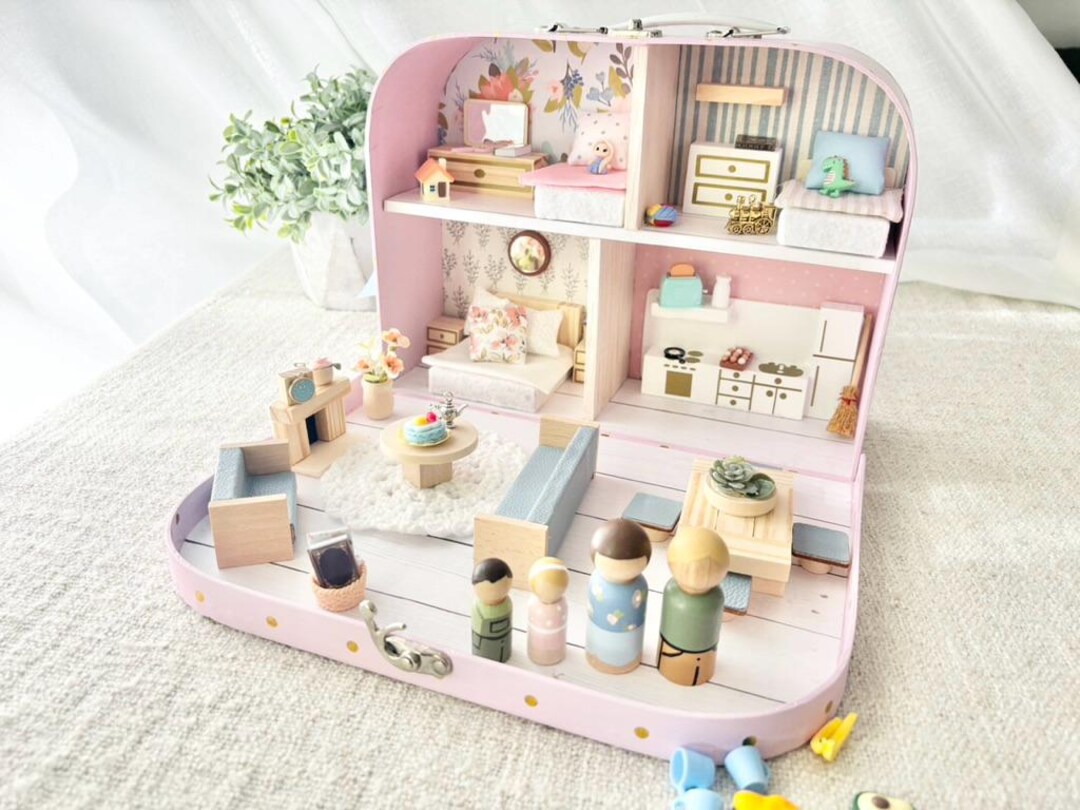 Peg Doll House With Family in A Suitcase, Travel Dollhouse, Dollhouse ...