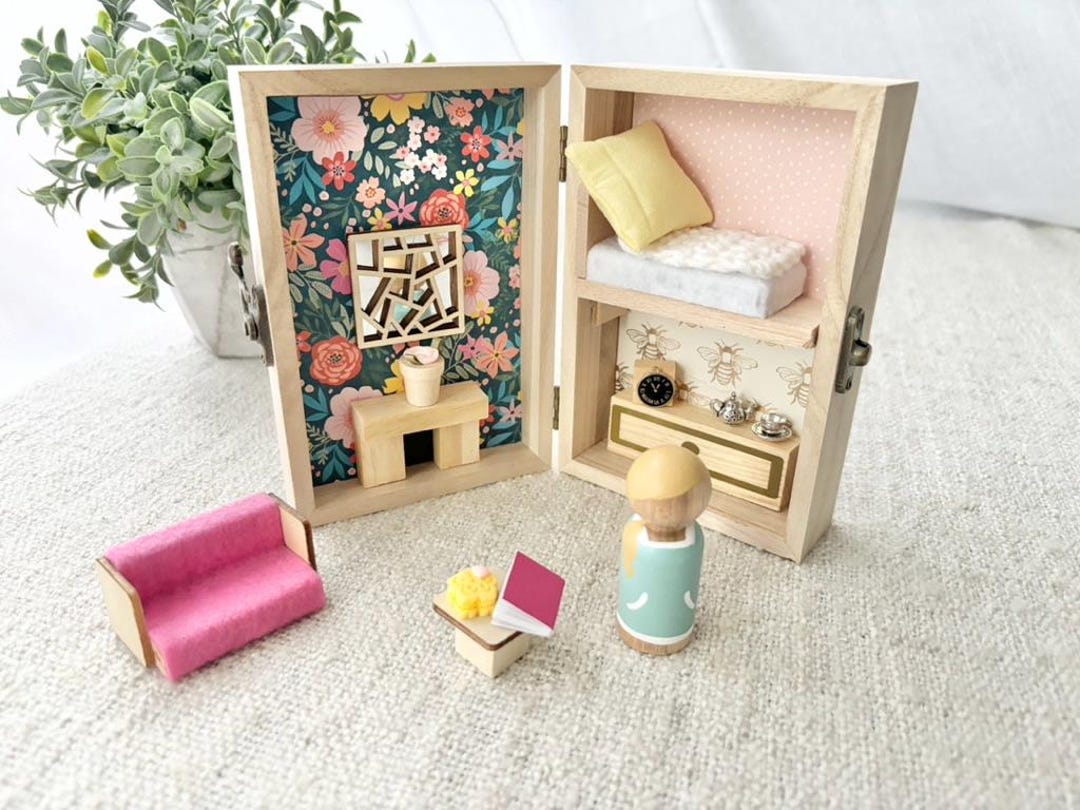 2 Story Peg Doll House With Doll, Travel Dollhouse in A Box, Miniature ...
