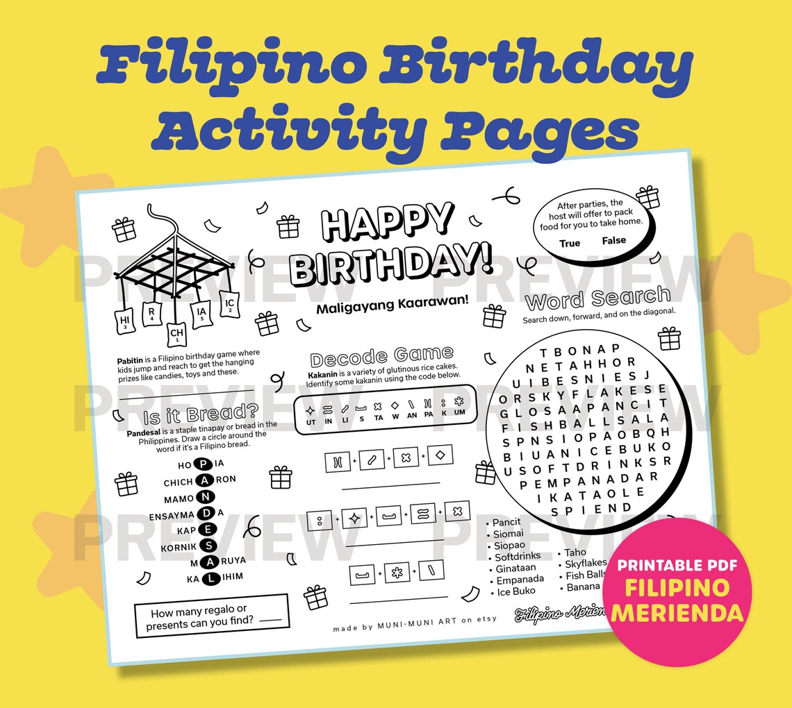 Filipino Birthday Placemat Activity Pages - Filipino Food - Printable ...