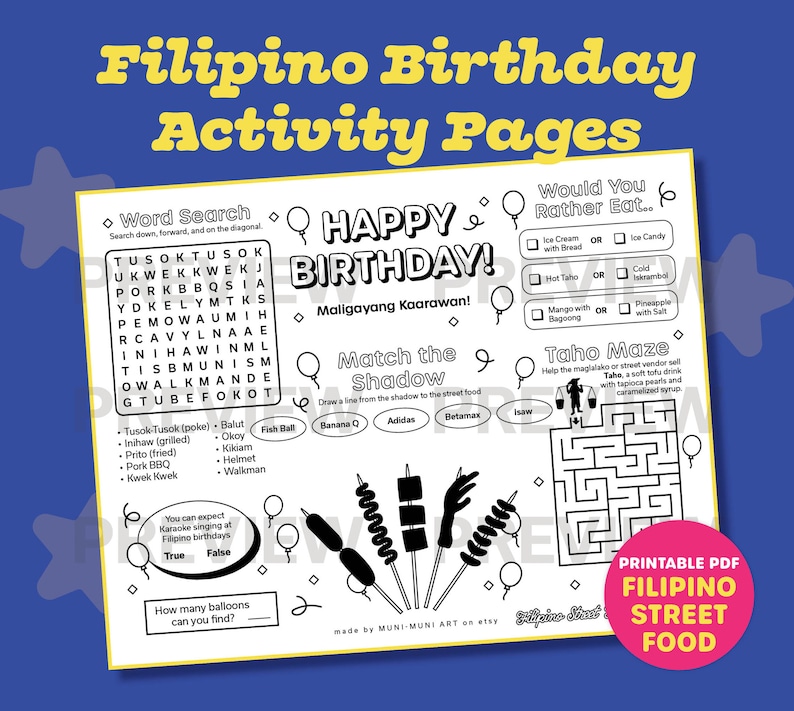 Filipino Birthday Placemat Activity Pages - Filipino Food - Printable ...