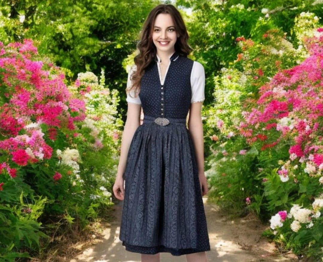 Elegant Dark Blue Dirndl, Skirt Length 70 Cm – High-necked Women's ...