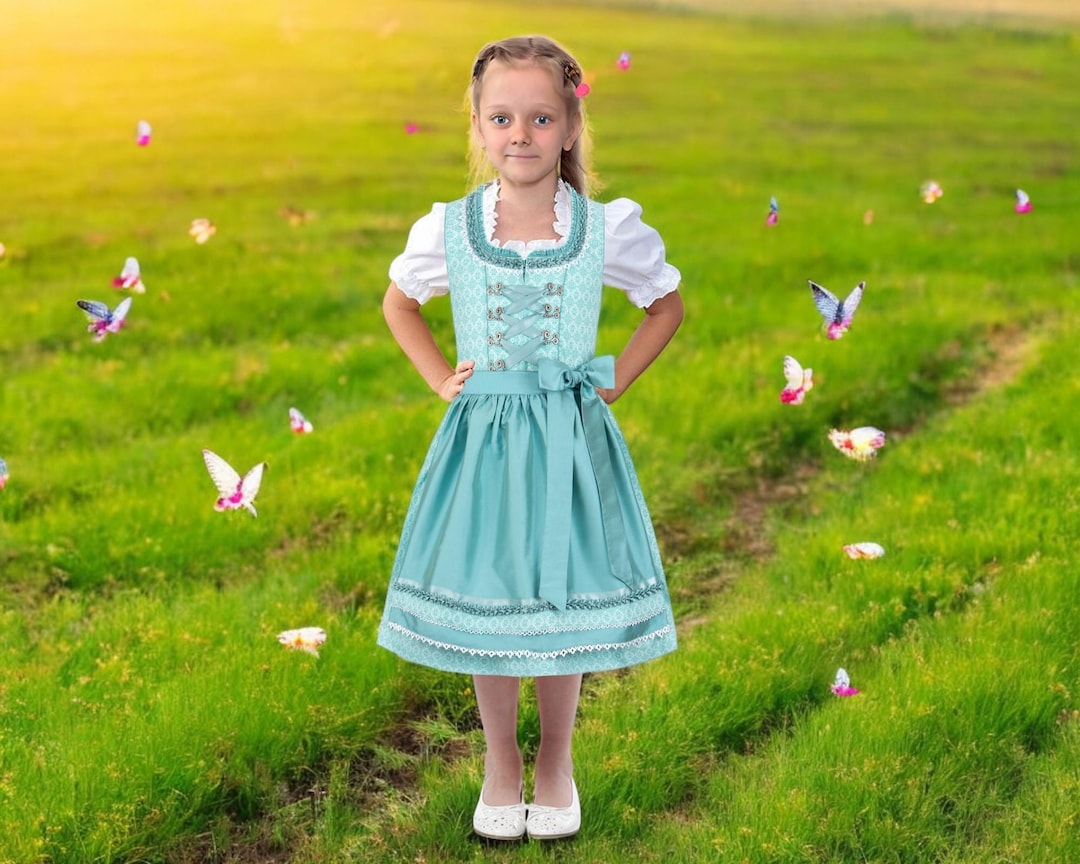 Children's Dirndl Cyan – Girls' Dirndl in Aquamarine Blue With Diamond ...