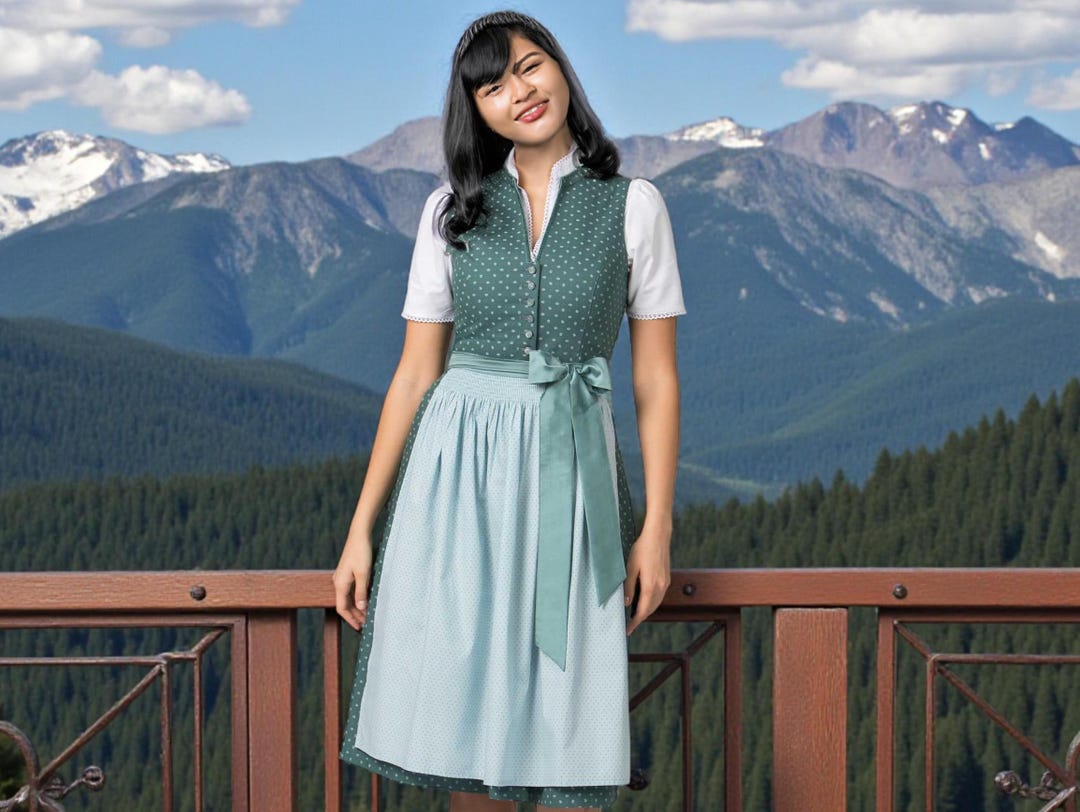 Elegant Dirndl in Petrol Blue, 100% Cotton – High-necked Traditional ...