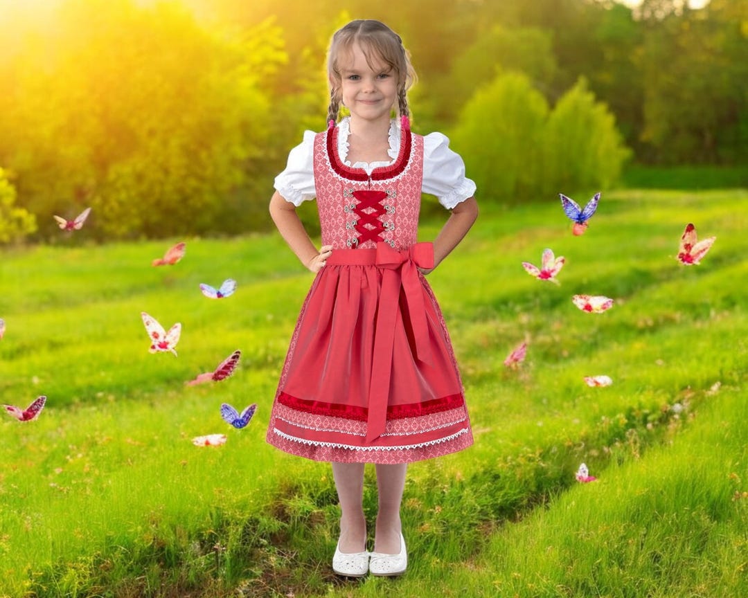 Children's Dirndl in Red – Girls' Dirndl in Coral Red With Diamond ...