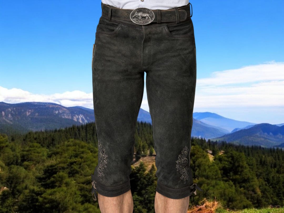 Men's Knee-length Leather Trousers "perry" Dark Grey Wild Buck Leather ...