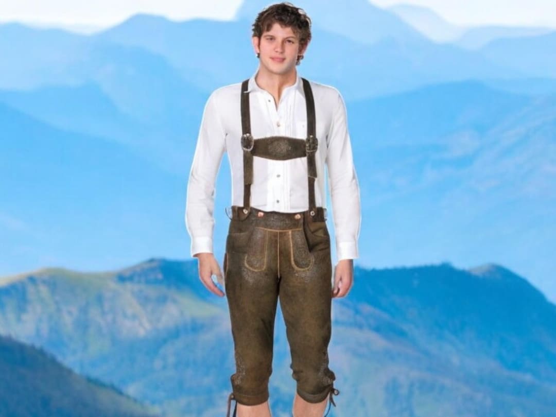 Men's Dark Brown Leather Knee-length Lederhosen With Deer Print – Wild ...