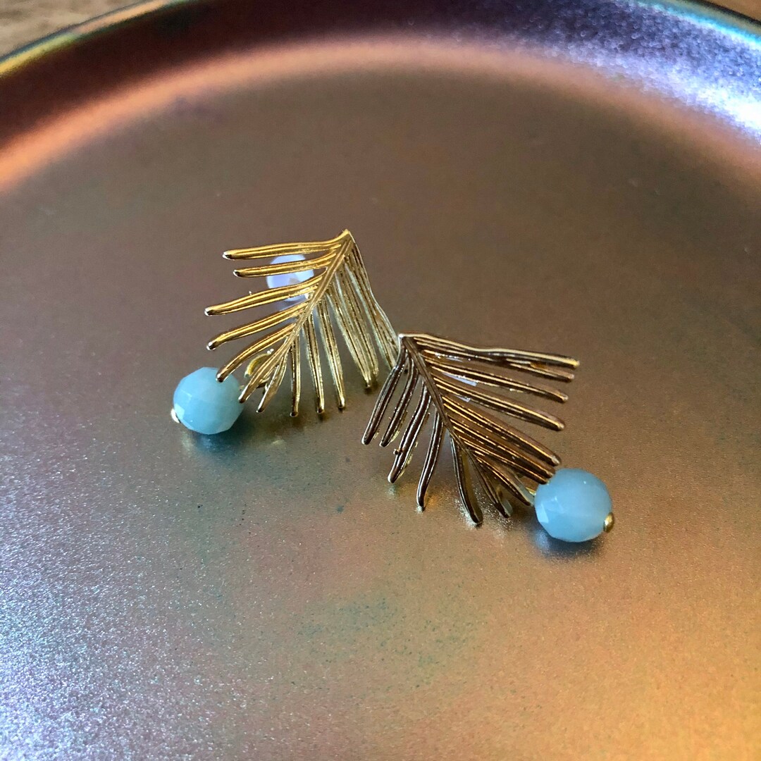 ELSA Golden Earrings Palm Leaf and Pearl Real Amazonite - Etsy