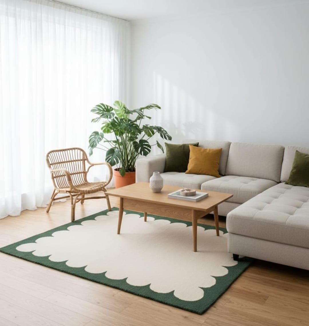 Hand Tufted Wool Rug, Modern Scallop Edge, Green Cream Carpet - Etsy