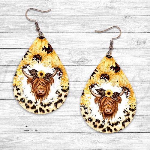 Highland Cow Sunflower Earrings Sublimation Earring Designs - Etsy