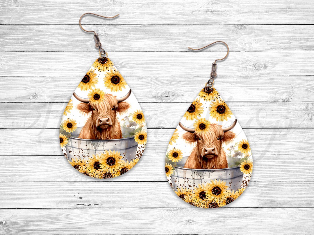 Highland Cow Earring, Cow in a Bucket Sublimation Earring Designs ...