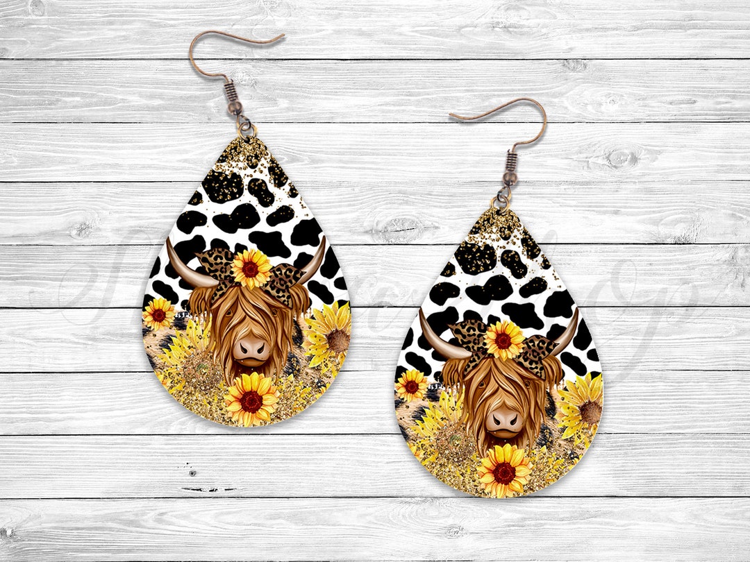 Sunflower Highland Cow Earring, Sublimation Earring Designs Template ...